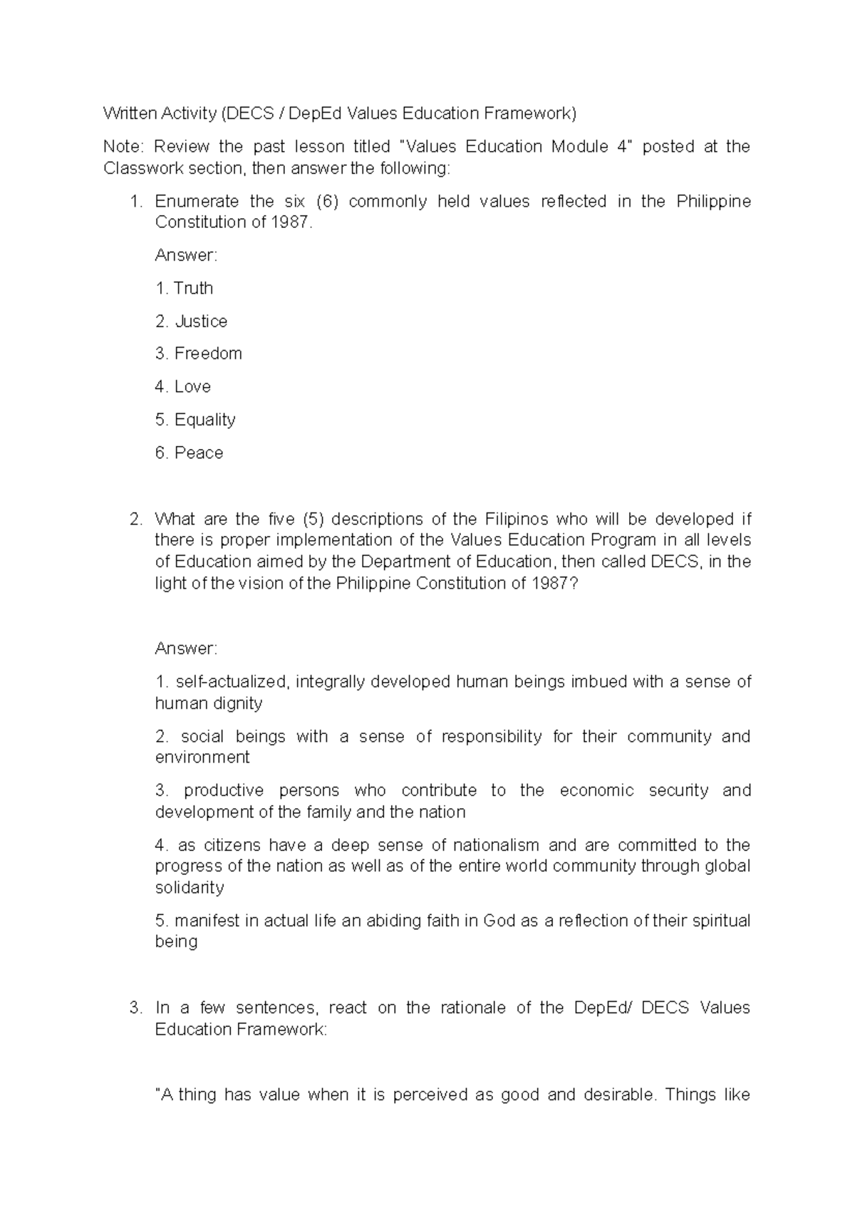 Written Activity ( Decsdep Ed Values Ed Framework) - Written Activity ...