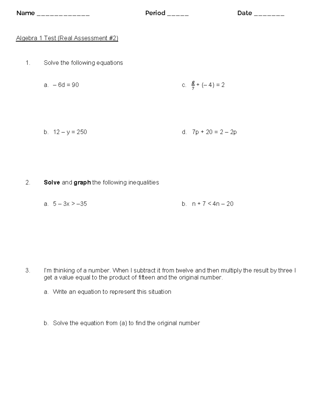 Algebra 1 - Name ____________ Period _____ Date _______ Algebra 1 Test ...