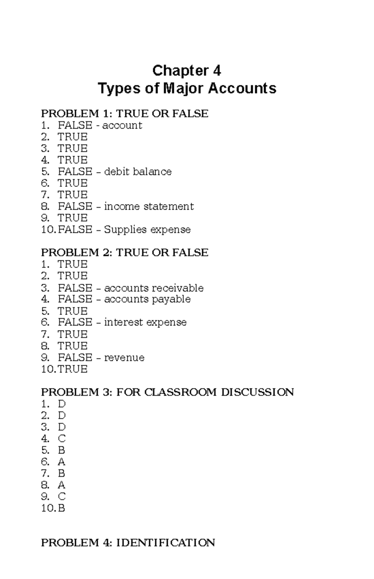 types of major accounts - Chapter 4 Types of Major Accounts PROBLEM 1 ...