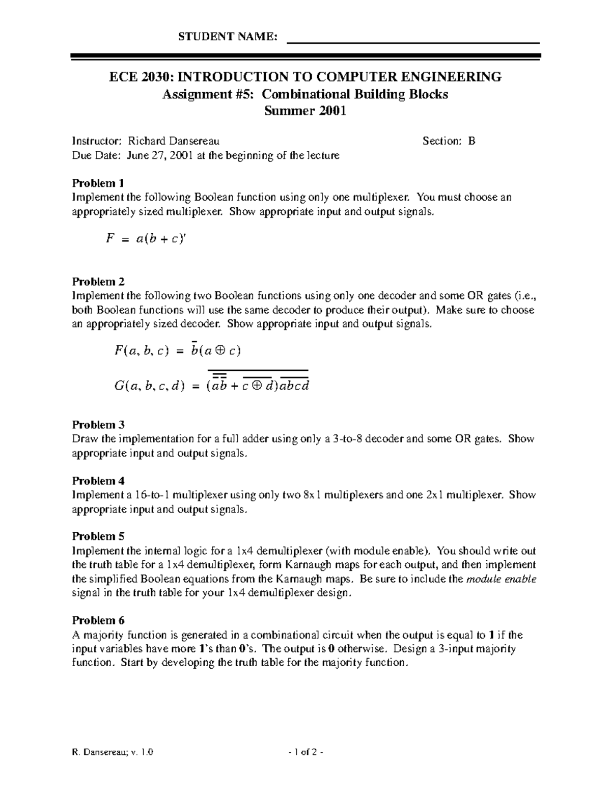 ECE2030-HW05-SU2001 - Exam Practice - R. Dansereau; v. 1 - 1 of 2 - ECE 2030: INTRODUCTION TO ...