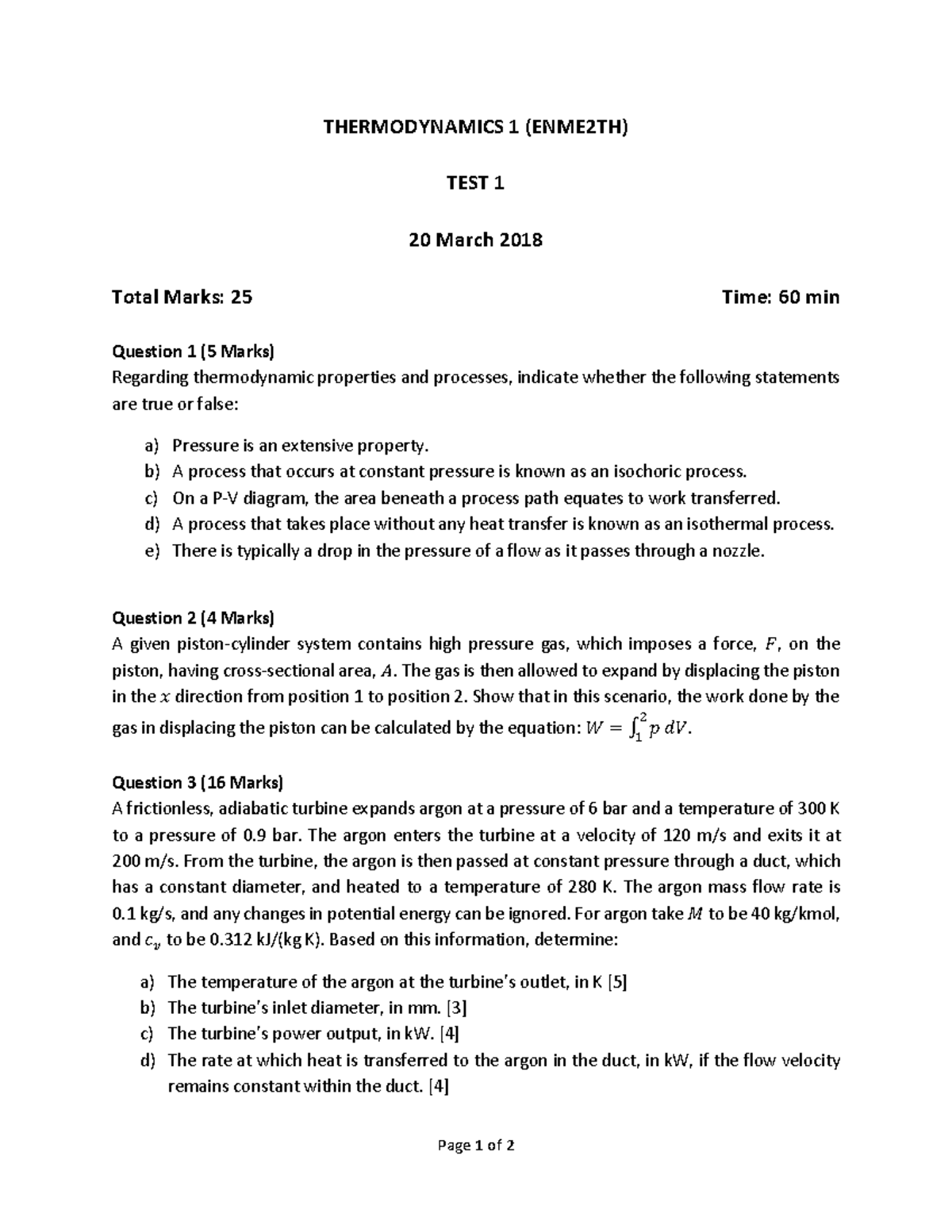 2018 - T1 - Test 1 - practice - Page 1 of 2 THERMODYNAMICS 1 (ENME2TH ...