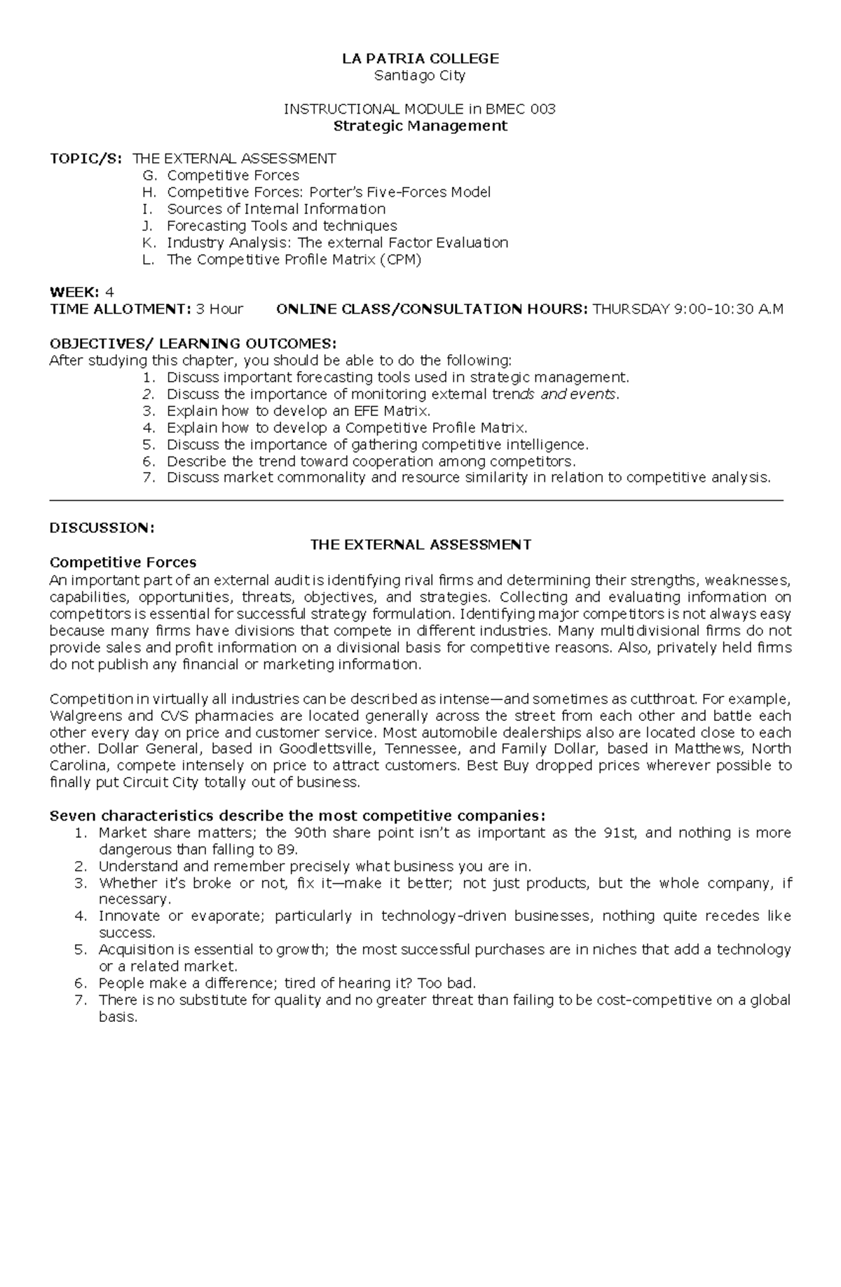BMEC 003 WEEK 4 Module - STRATEGIC MANAGEMENT - LA PATRIA COLLEGE ...