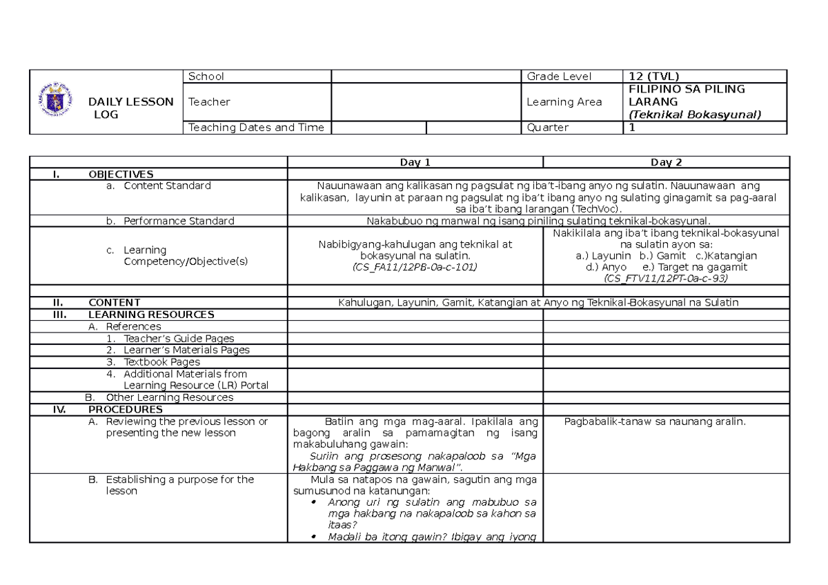 FIL Tek Bok Q1 Wk1 - Copy - Copy - DAILY LESSON LOG School Grade Level ...