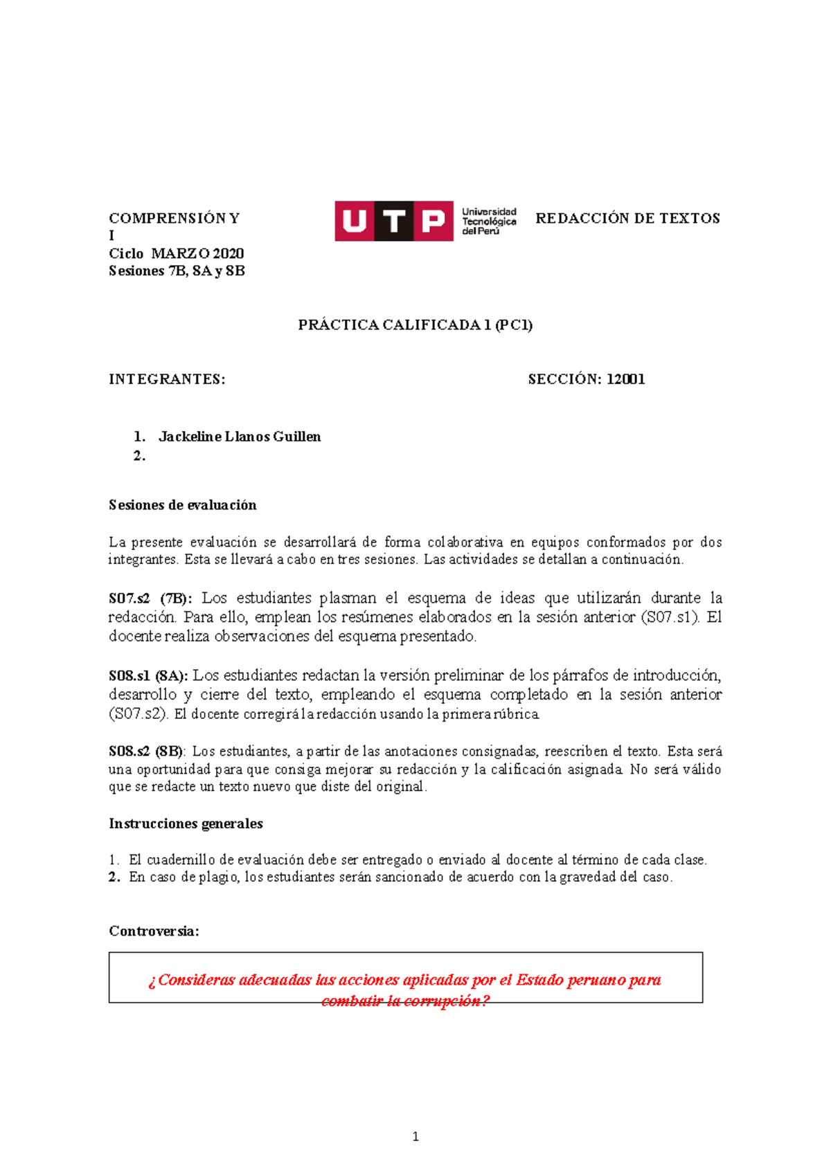 N01I-8A y 8B- Práctica Calificada 1 (PC1) Marzo 2020-2-1 - COMPRENSIÓN Y REDACCIÓN DE TEXTOS I ...