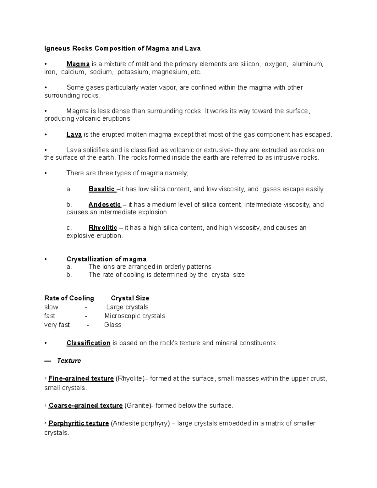 Igneous Rocks Composition of Magma and Lava Notes - Igneous Rocks ...