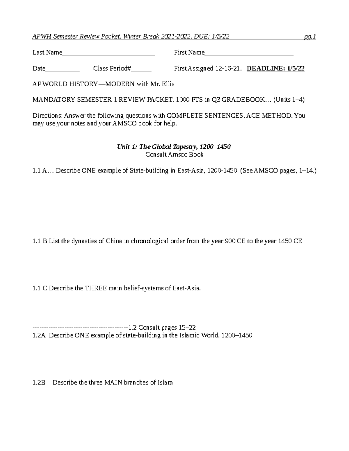 Aaa Super Review Packet APWH Winter Packet - Last Name ...