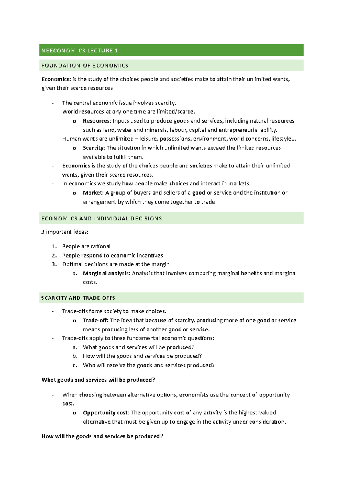 Lecture notes BUS171 - NEECONOMICS LECTURE 1 FOUNDATION OF ECONOMICS ...