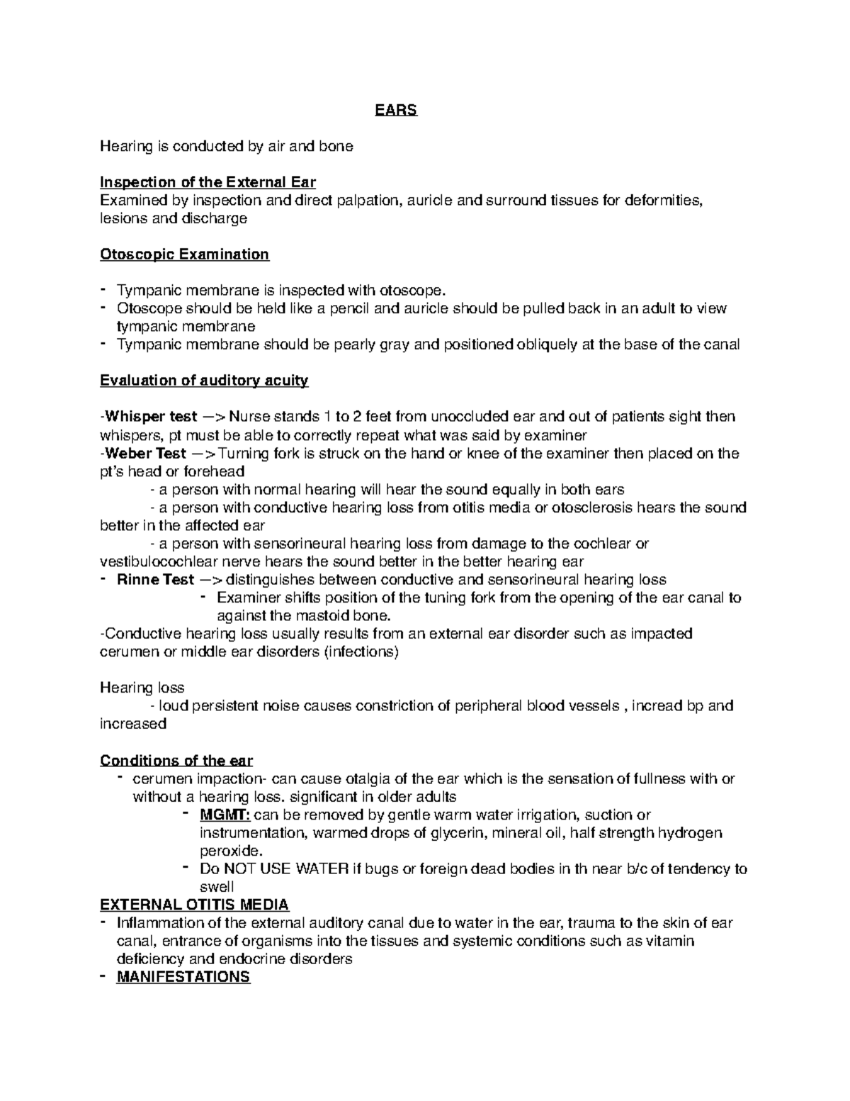 EARS - Notes - NUR 340 - LIU - Studocu