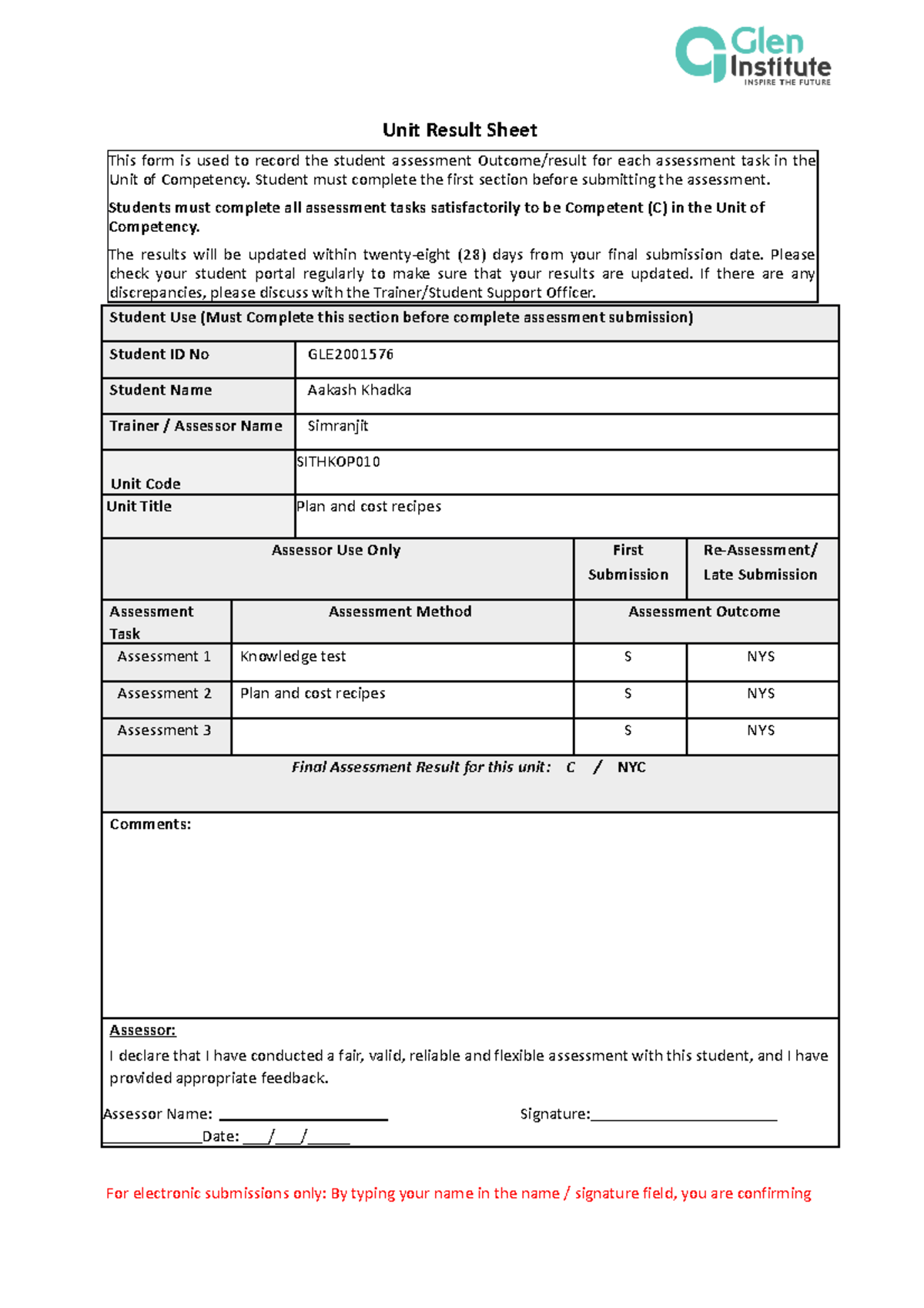 Assignment 6 - Unit Result Sheet This form is used to record the ...