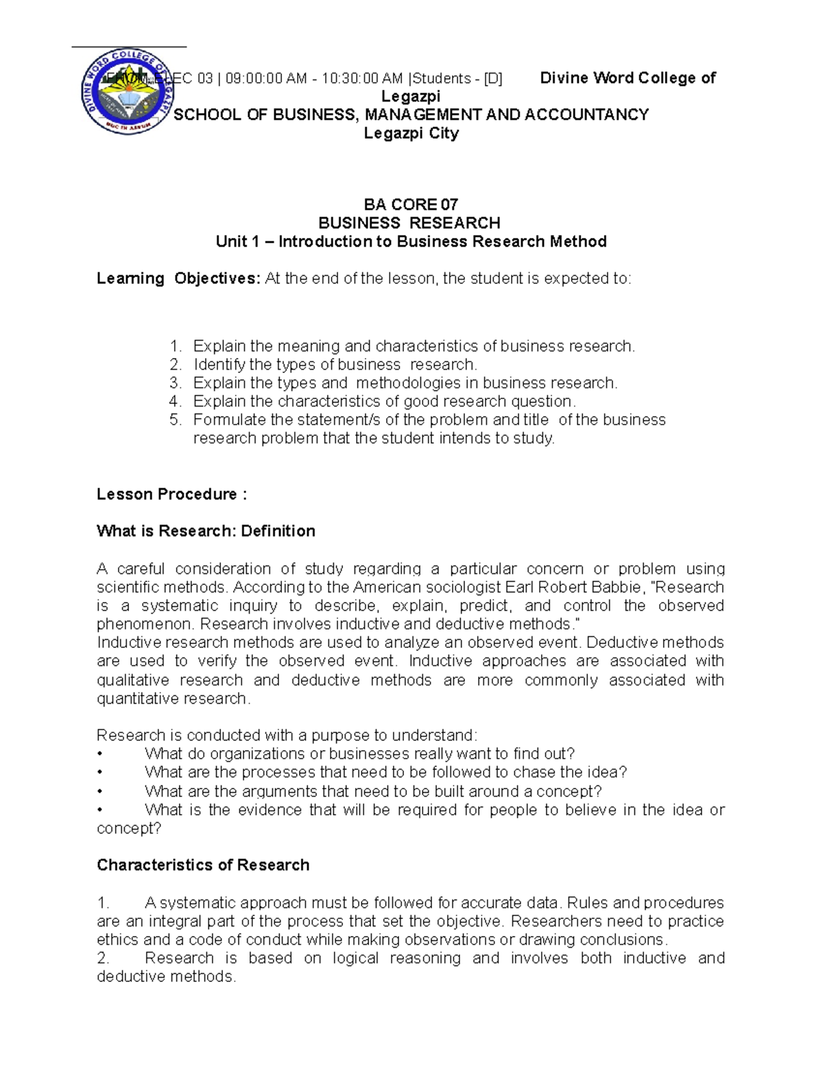 Manalo - BA CORE 07 Unit 1- Introduction - FHOM ELEC 03 | 09:00:00 AM ...