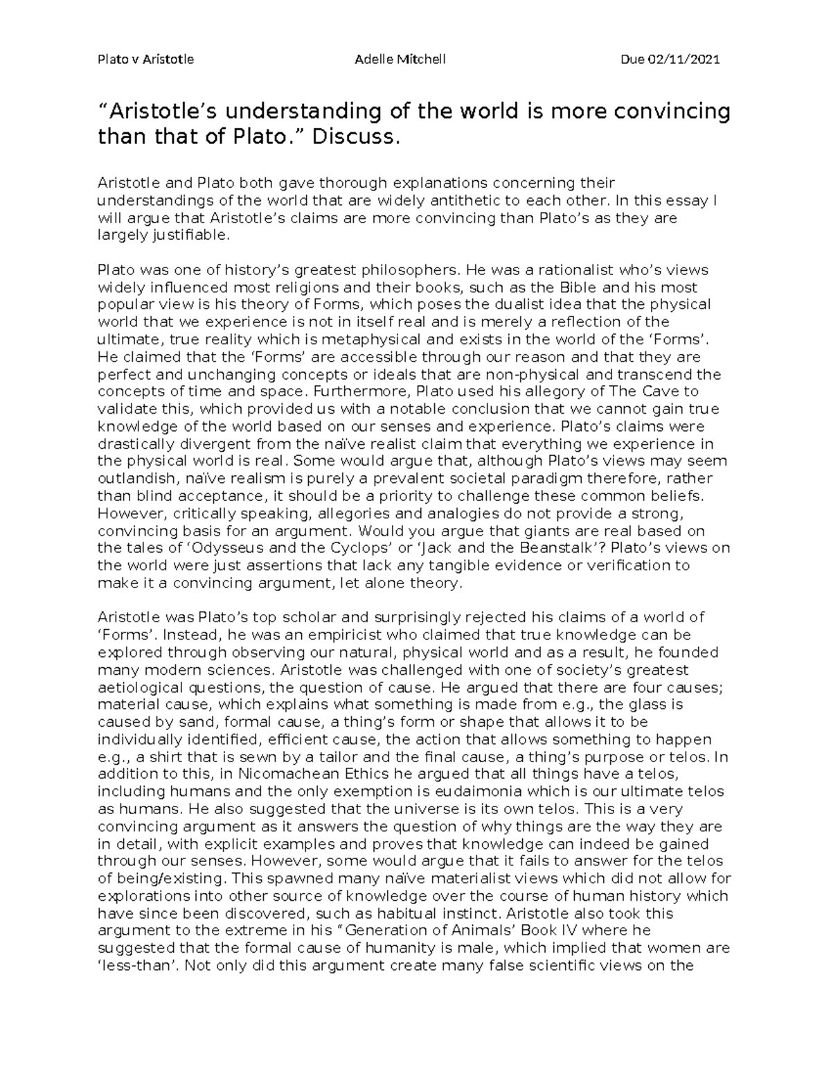 Plato V Aristotle - JUST MY WORK FOR PREMIUM - Plato v Aristotle Adelle ...