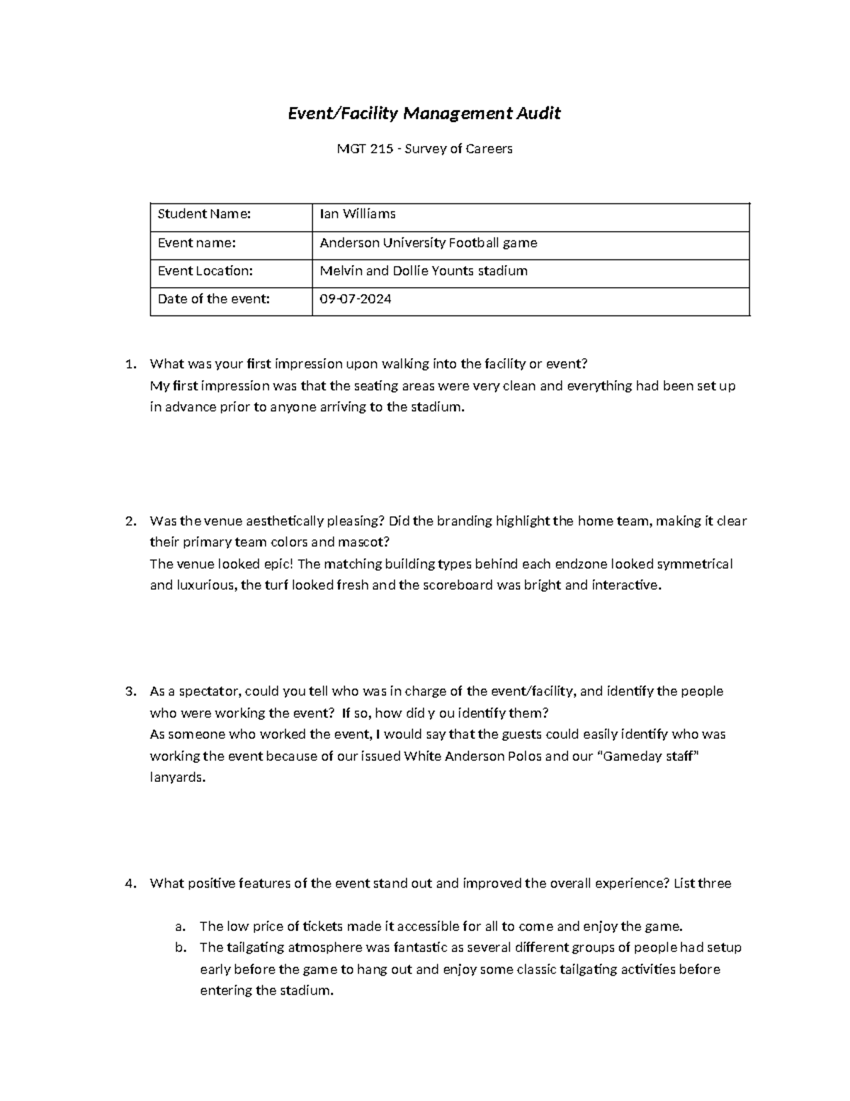 Event-Facility Audit Questions MGT 215-1 - Event/Facility Management ...