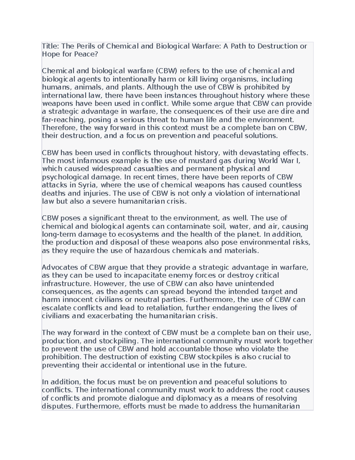 The Perils of Chemical and Biological Warfare - A Path to Destruction ...