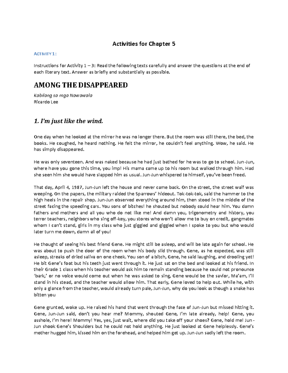 PHIL - LIT Activities for Chapter 5 - Activities for Chapter 5 ACTIVITY ...