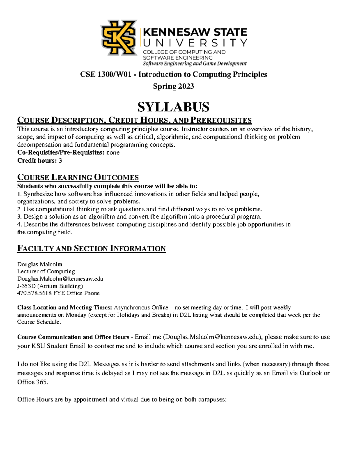 IT 111 - IT 111 - CSE 1300/W01 - Introduction to Computing Principles Spring 2023 SYLLABUS ...