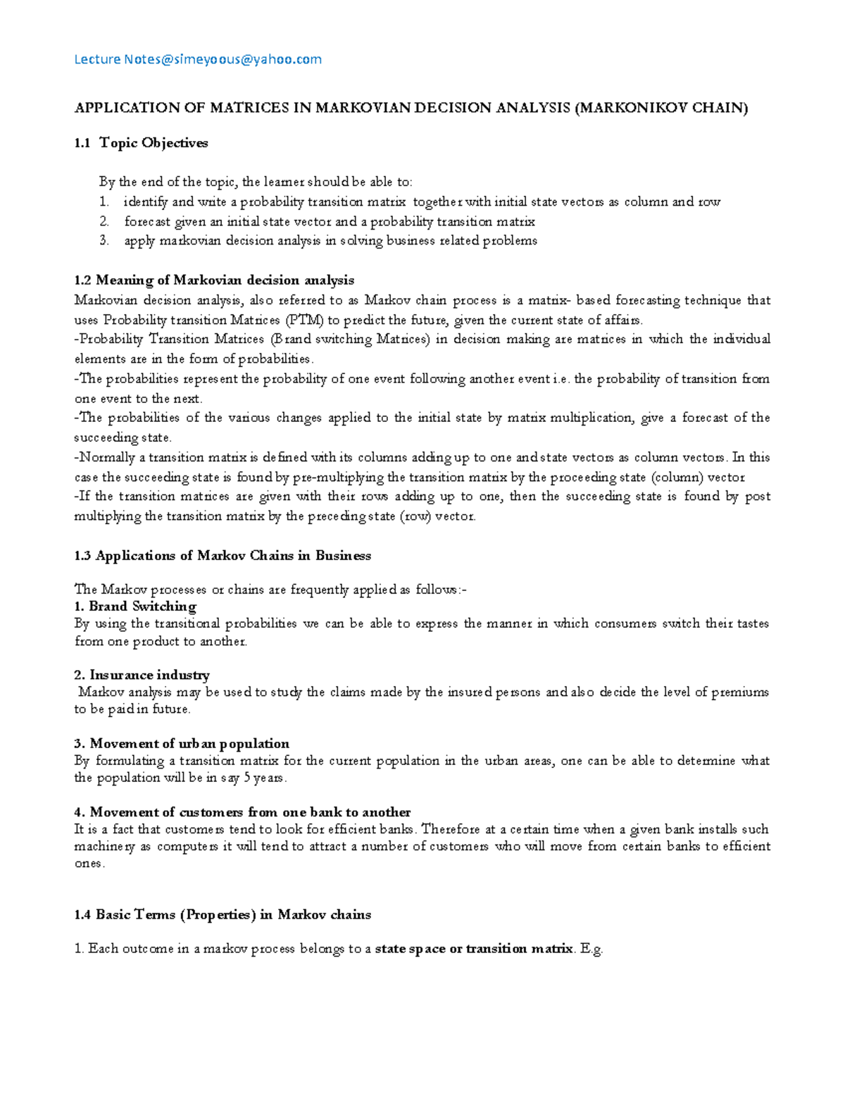 Application Of Matrices In Markovian Decision Analysis Application Of Matrices In Markovian
