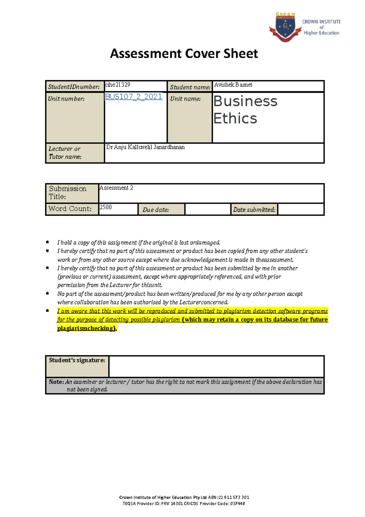 Assignment cover sheet - Crown Institute of Higher Education ...