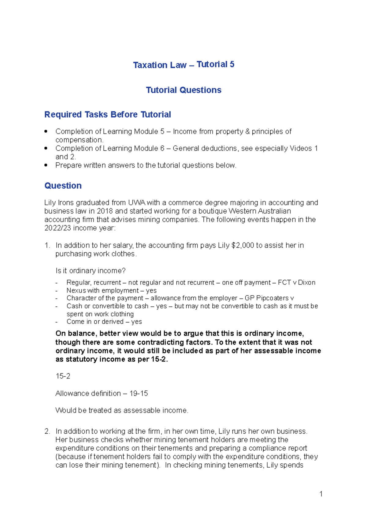 Tutorial 5 Tutorial Questions Taxation Law Tutorial 5 Tutorial Questions Required Tasks