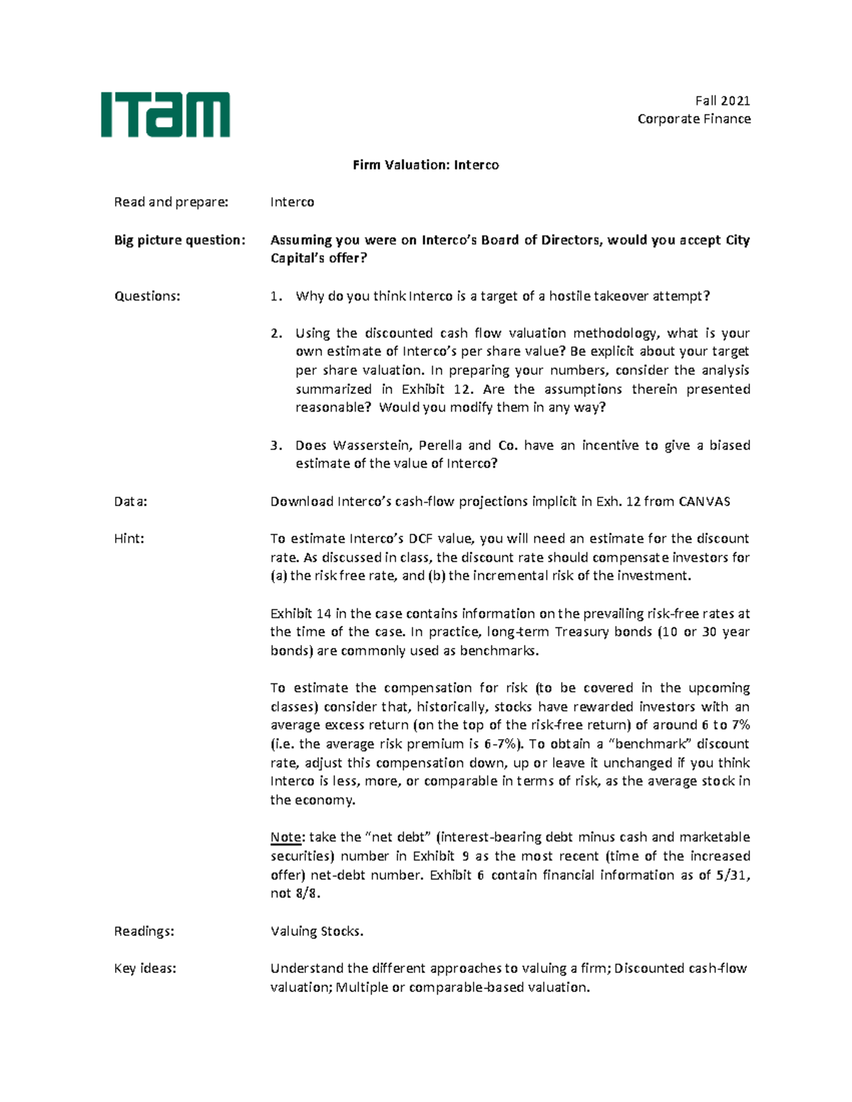 Interco Guidelines - Fall 2021 Corporate Finance Firm Valuation ...