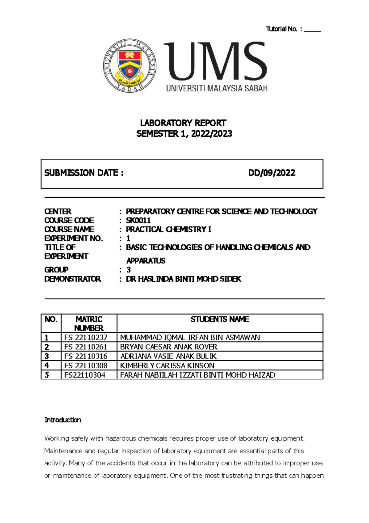 LAB Report 1 ( Group 3) - this is your job to find it - Tutorial No ...