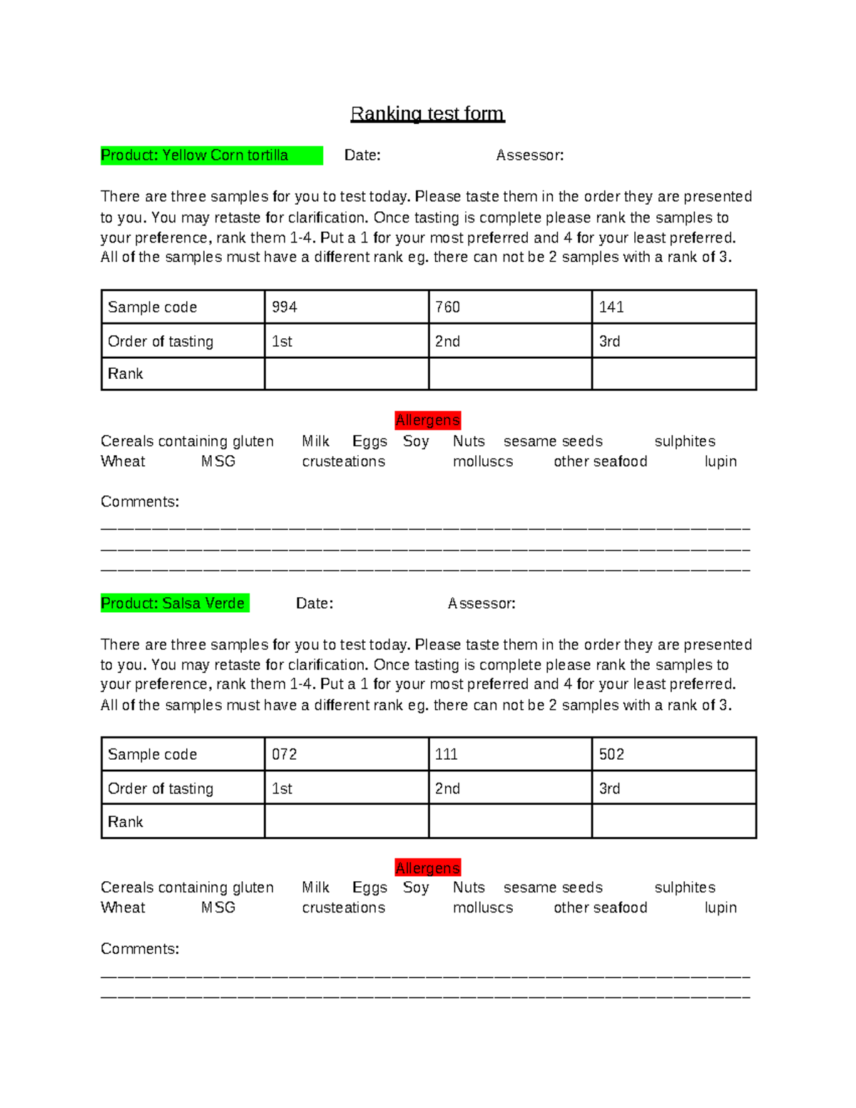 Ranking test form - Google Docs - / Ranking test form Product: Yellow ...