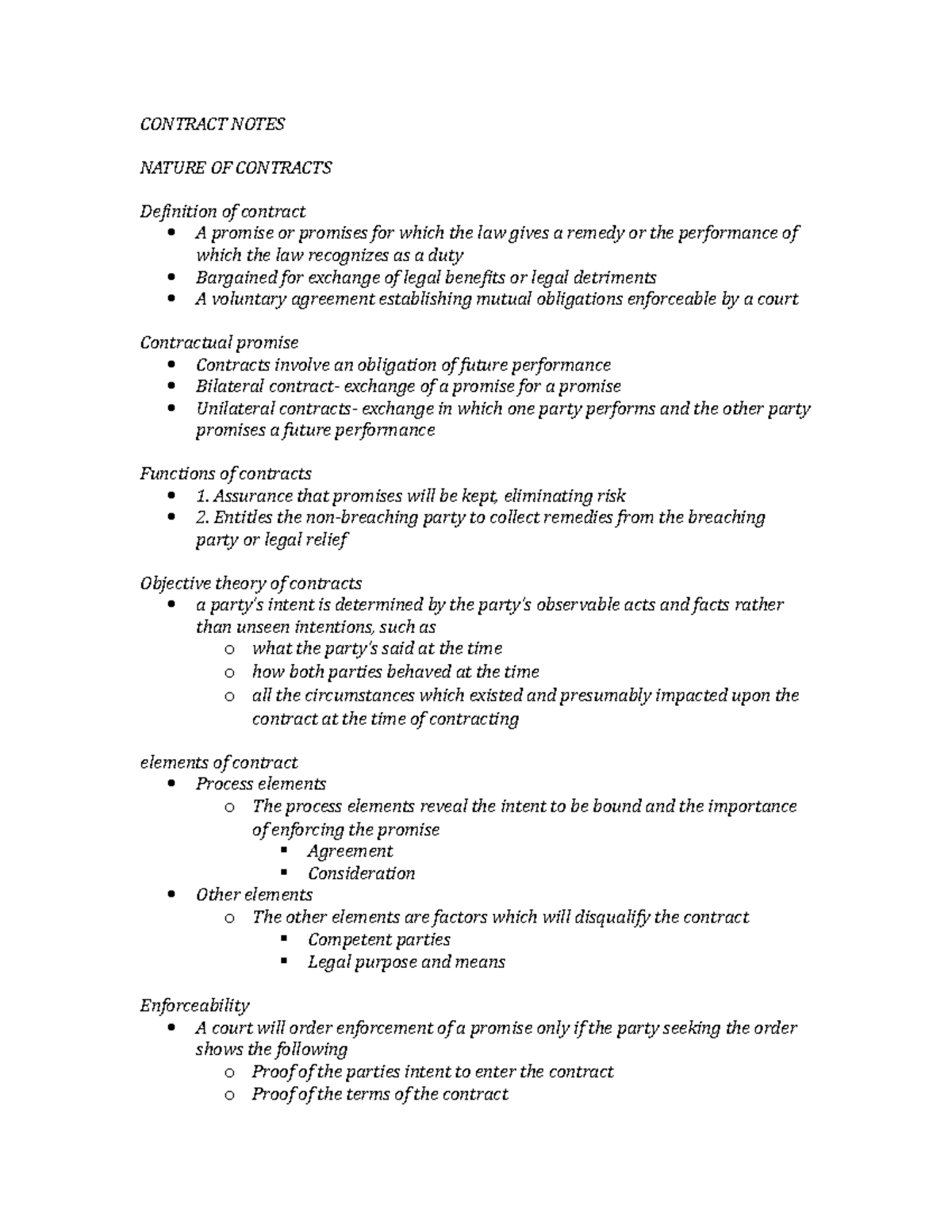 Test 3 Contract notes - CONTRACT NOTES NATURE OF CONTRACTS Definition ...