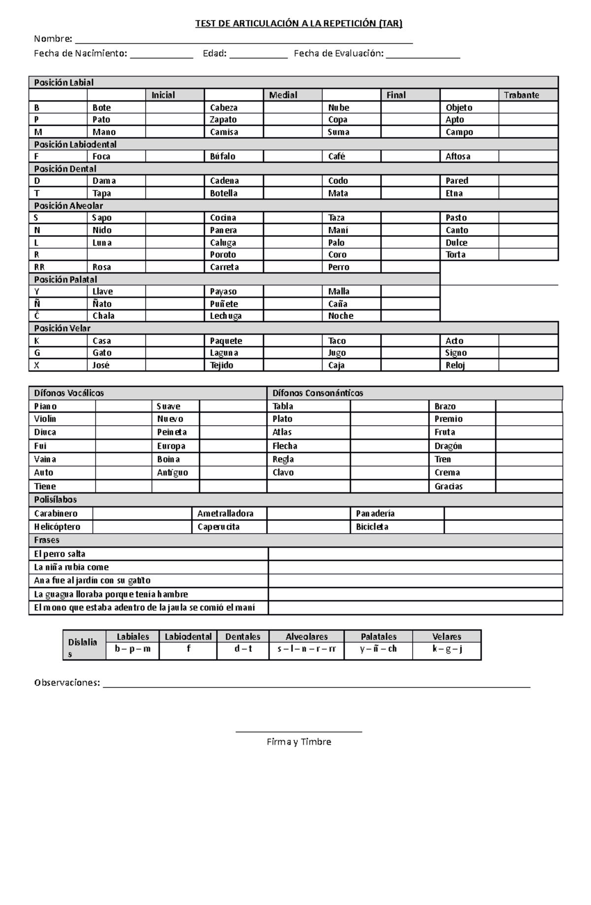 TAR - Test - TEST DE ARTICULACIÓN A LA REPETICIÓN (TAR) Nombre: - Studocu