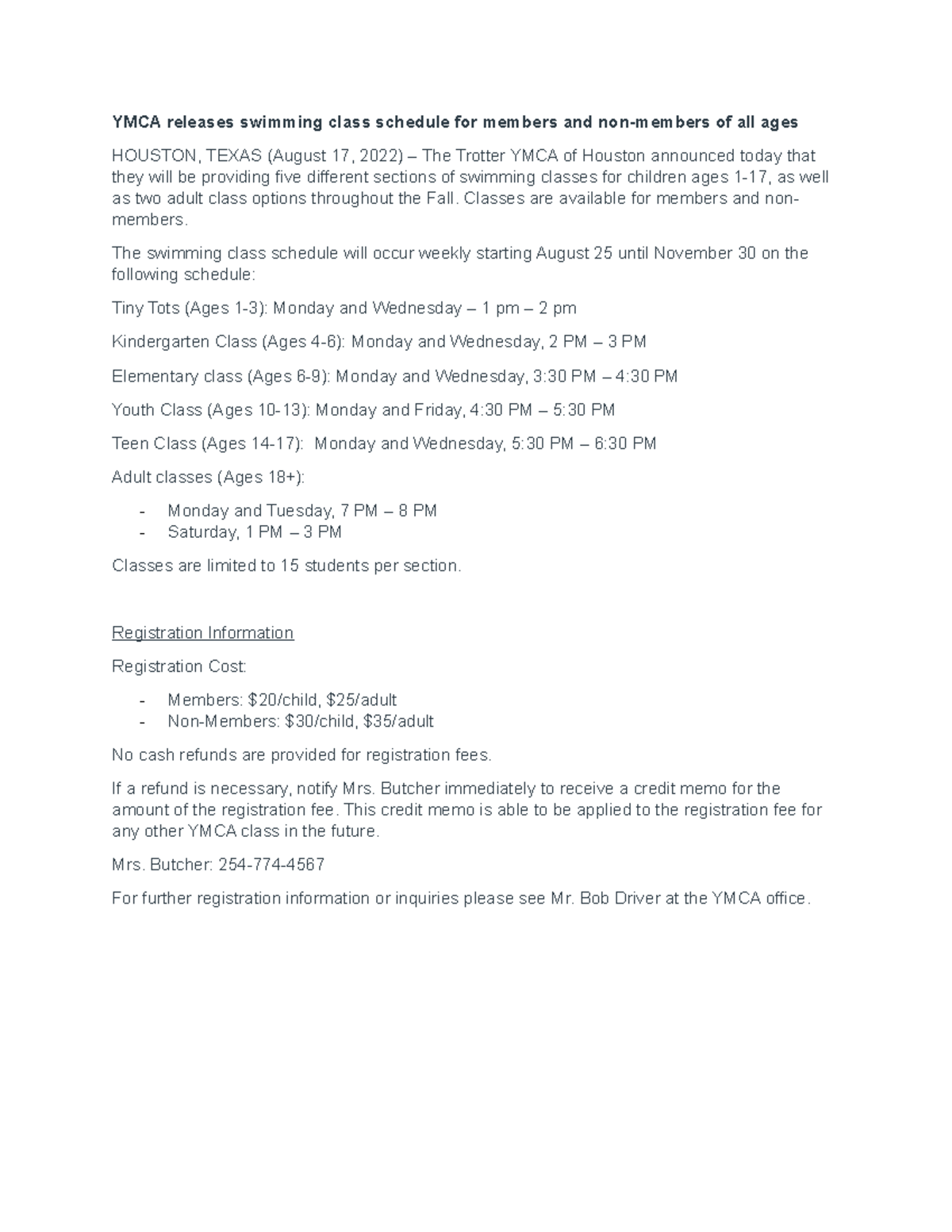 Press Release YMCA - YMCA releases swimming class schedule for members ...
