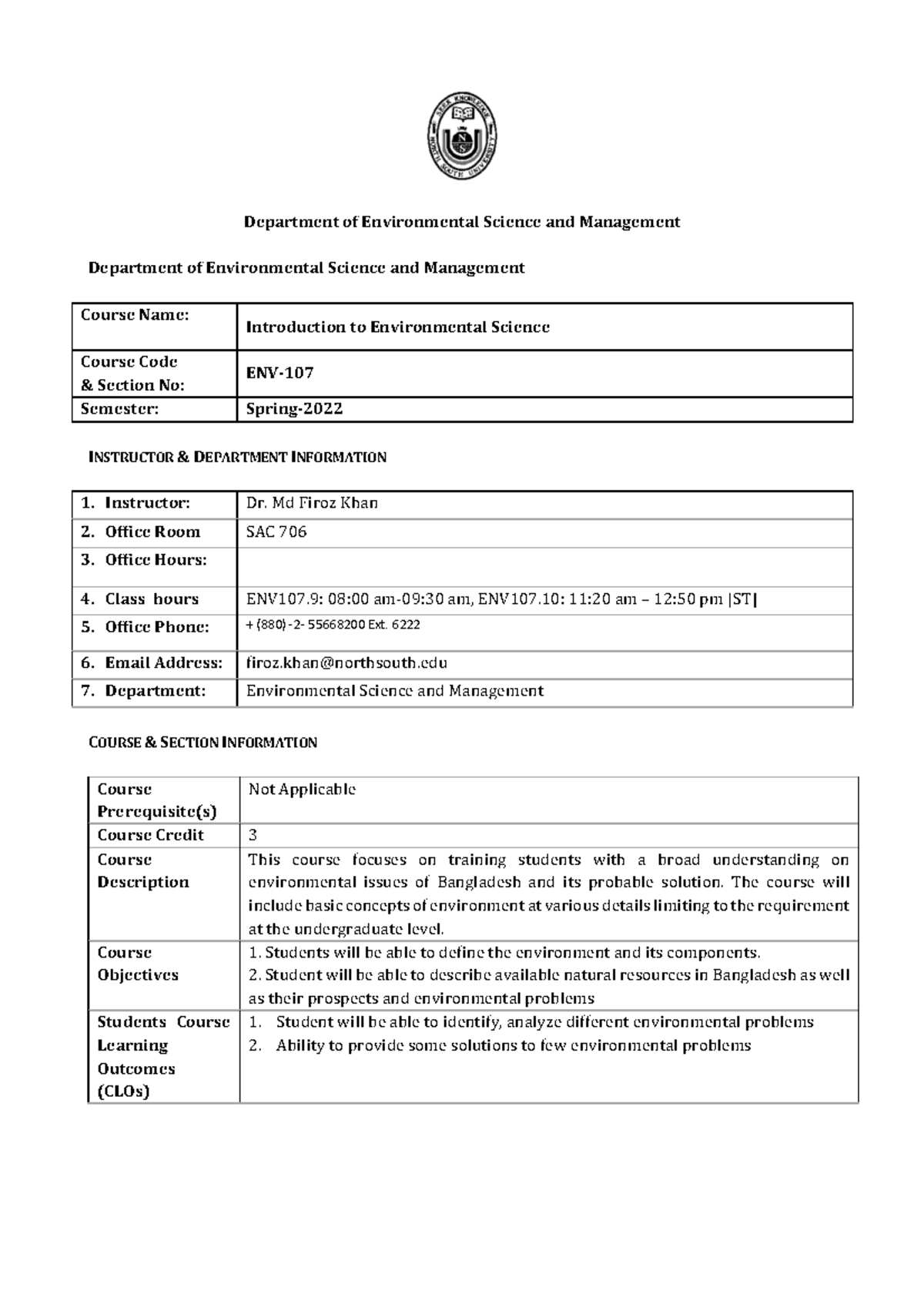 ENV 107 course outline - Department of Environmental Science and ...