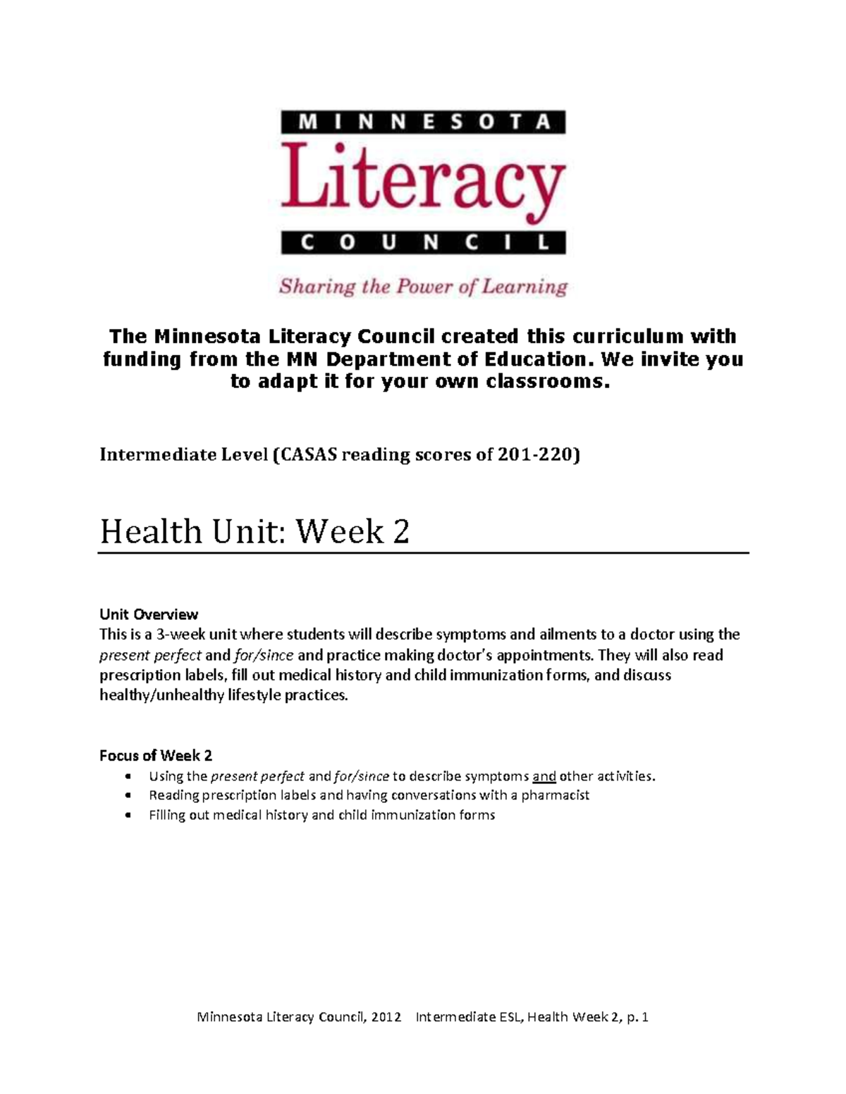 Health unit week 2 intermediate updated - The Minnesota Literacy ...