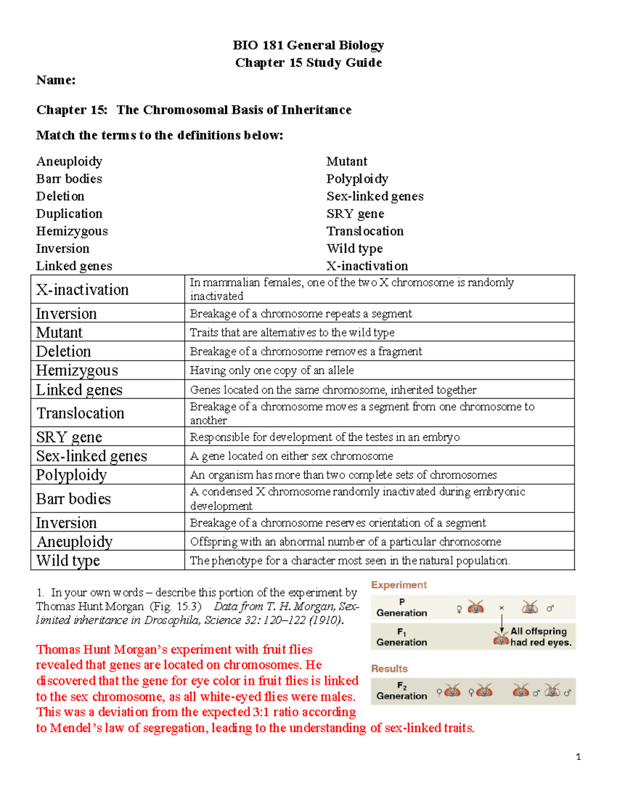 Chapter 15 Study Guide - BIO 181 General Biology Chapter 15 Study Guide ...