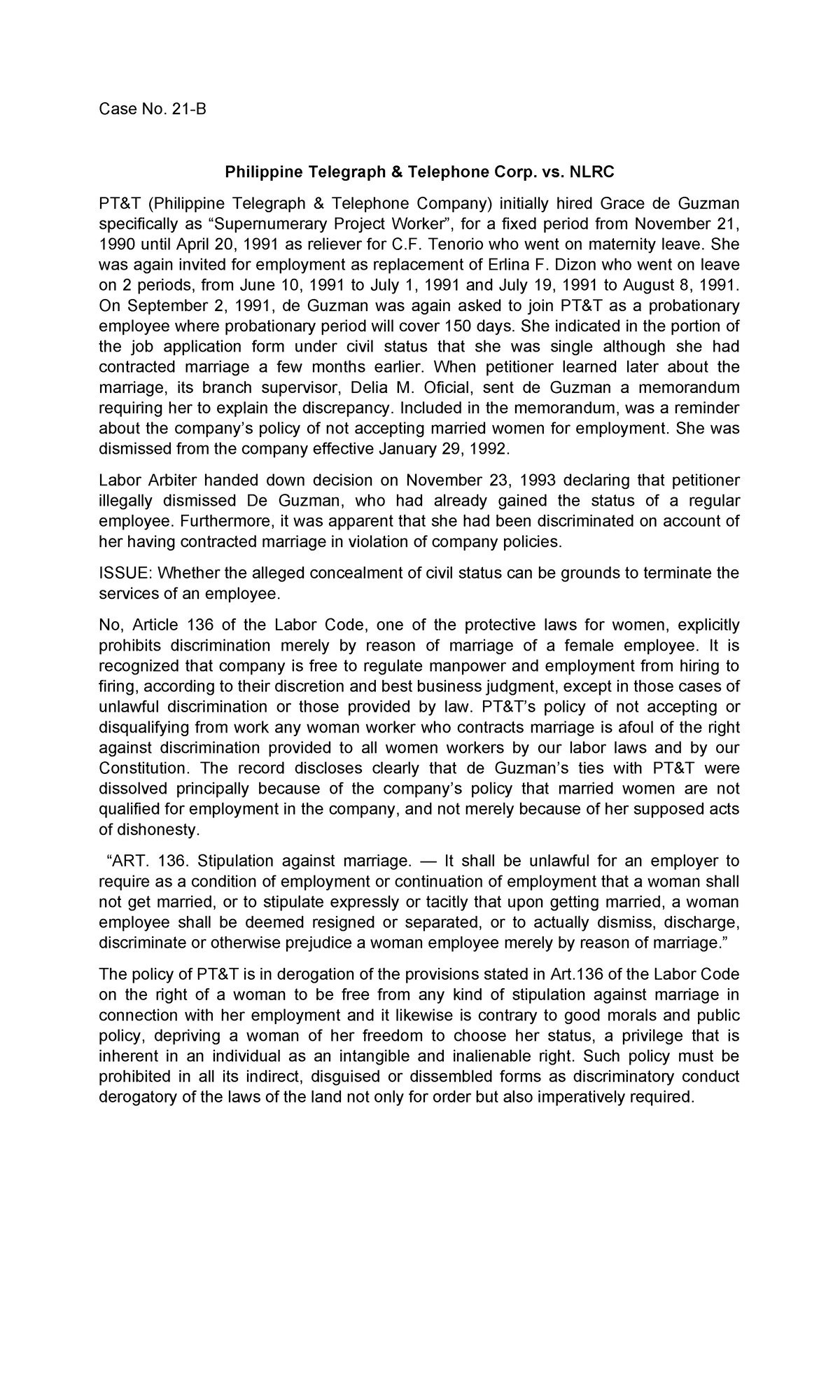 21-B. Philippine Telegraph & Telephone Corp. vs. NLRC - Case No. 21-B ...