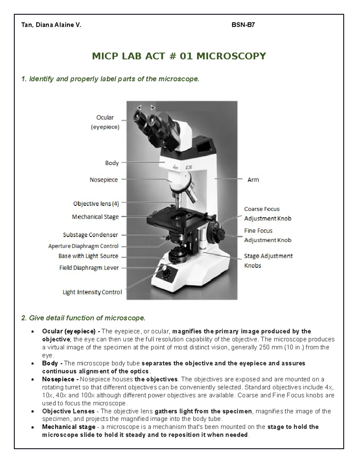 MICROPARA LABORATORY ACT # 01 Microscopy TAN - Tan, Diana Alaine V. BSN ...