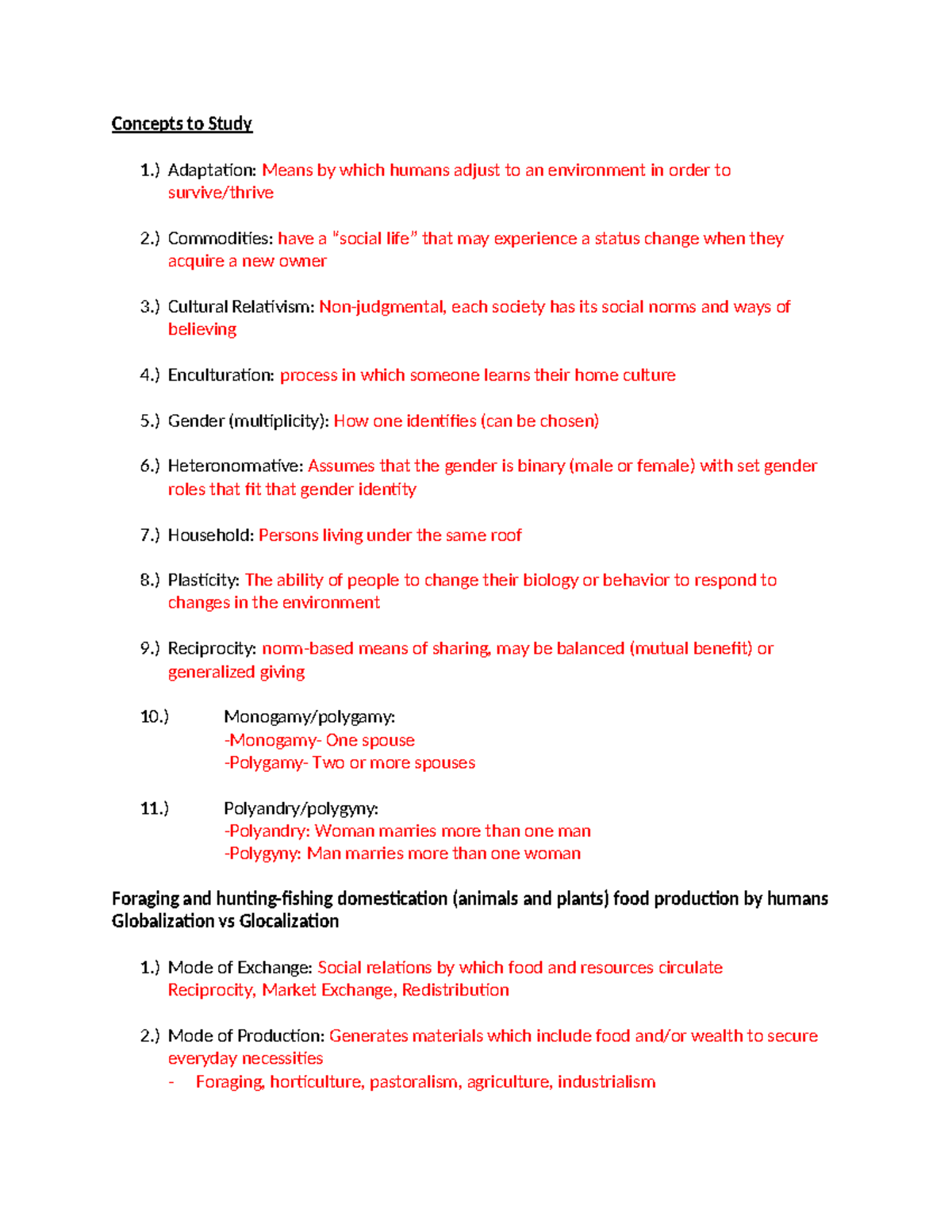 Anthropology Study Guide Exam 1 - Concepts to Study 1.) Adaptation ...
