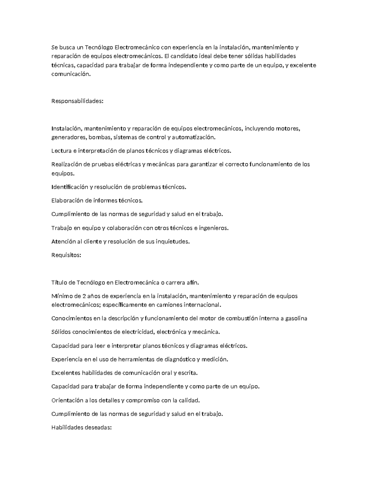 Perfil Tecnologo Electromecanico - Se busca un Tecnólogo ...