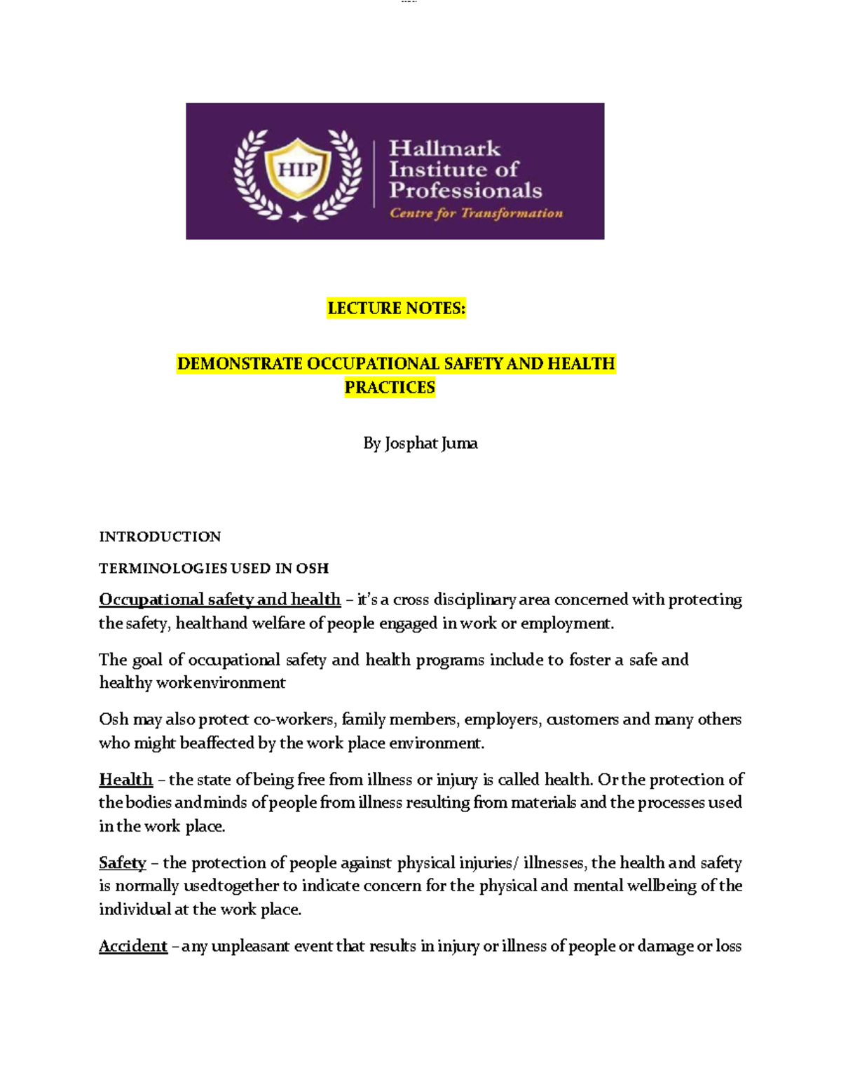 Demonstrate Occupational Safety AND Health Practices-CPM - LECTURE ...