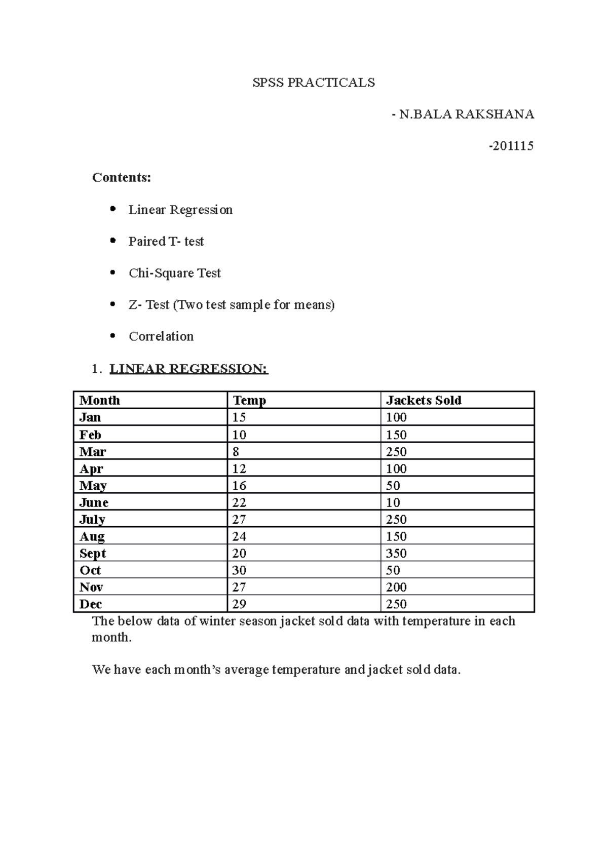SPSS Individual activity - SPSS PRACTICALS - N RAKSHANA - Contents ...