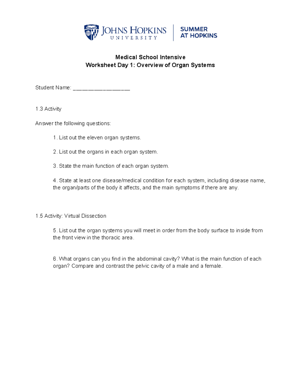 Worksheet Day 1 - Medical School Intensive Worksheet Day 1: Overview of ...