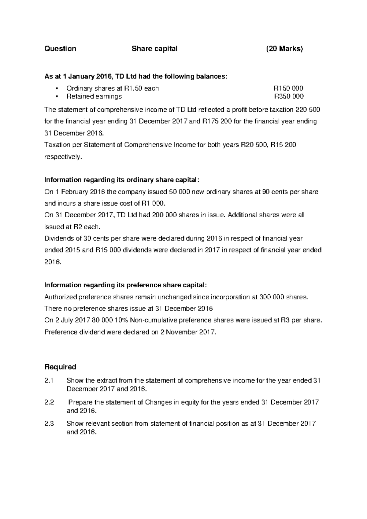 Share capital-60 - Question Share capital (20 Marks) As at 1 January ...