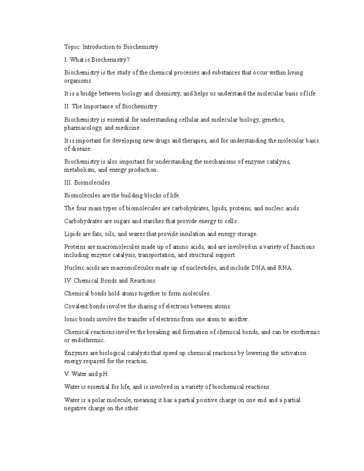 Biochemistry Lecture Materials - Topic: Introduction to Biochemistry I ...