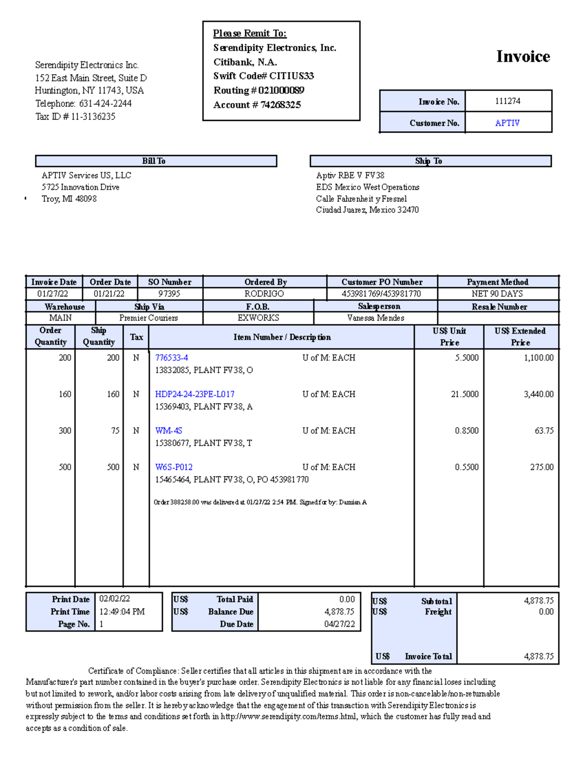 Invoice # 111274 - 15465464 - Invoice Invoice No. 111274 Customer No ...