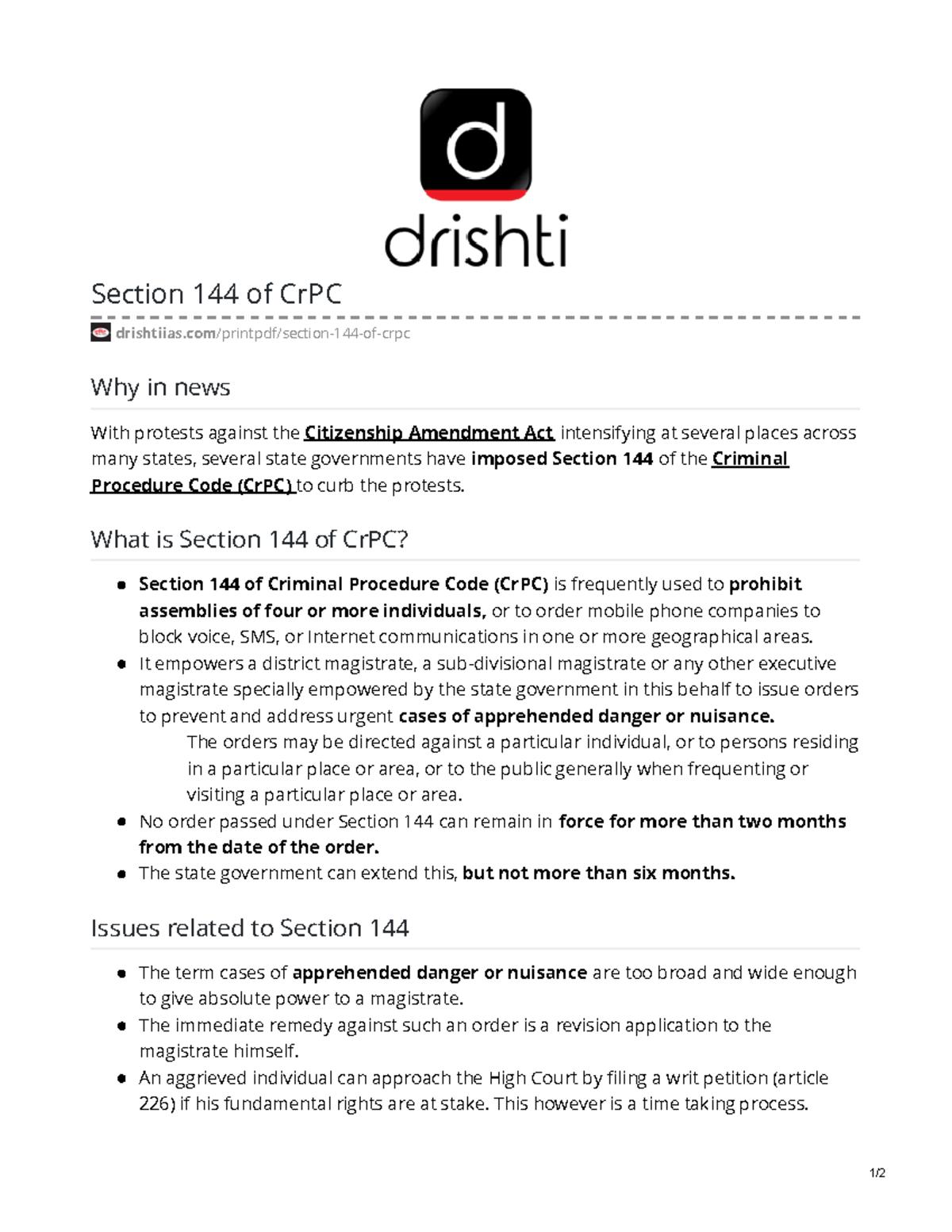 Section 144 of crpc - .... - Section 144 of CrPC drishtiias/printpdf ...