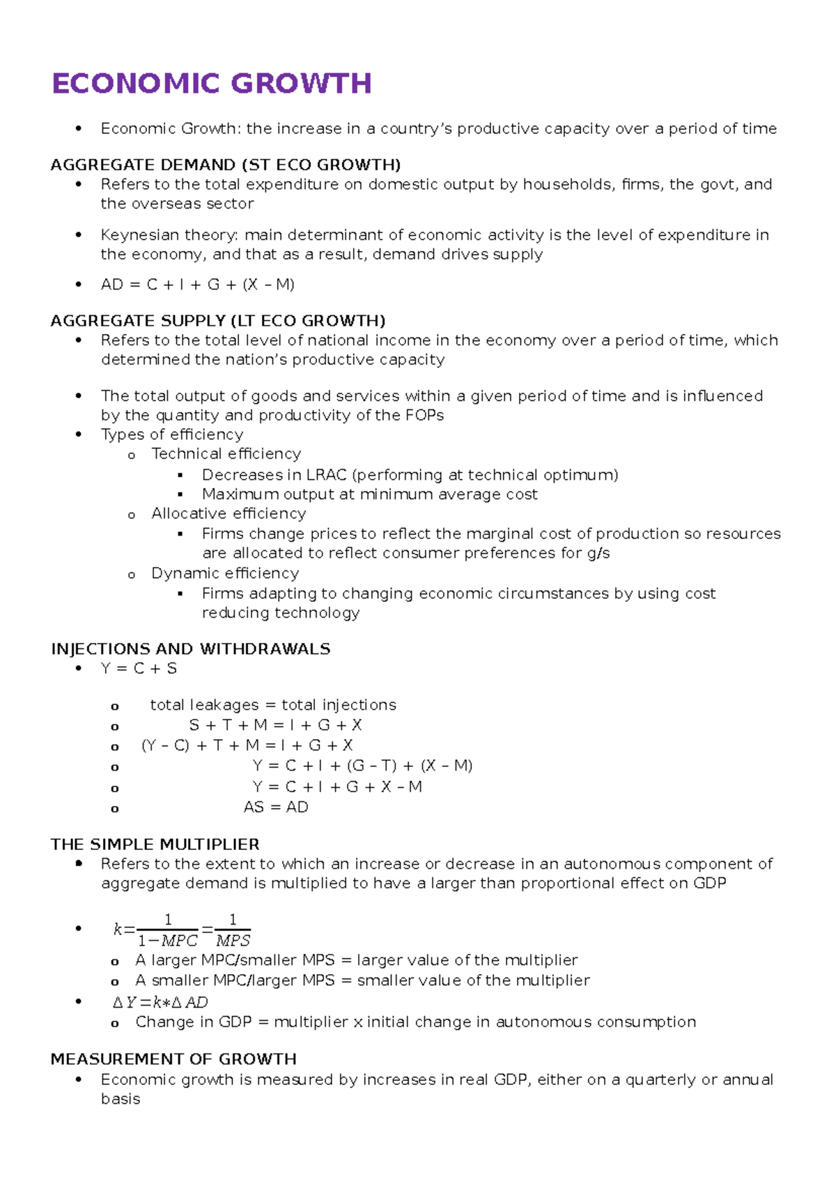 Economic Issues Notes - ECONOMIC GROWTH Economic Growth: the increase ...