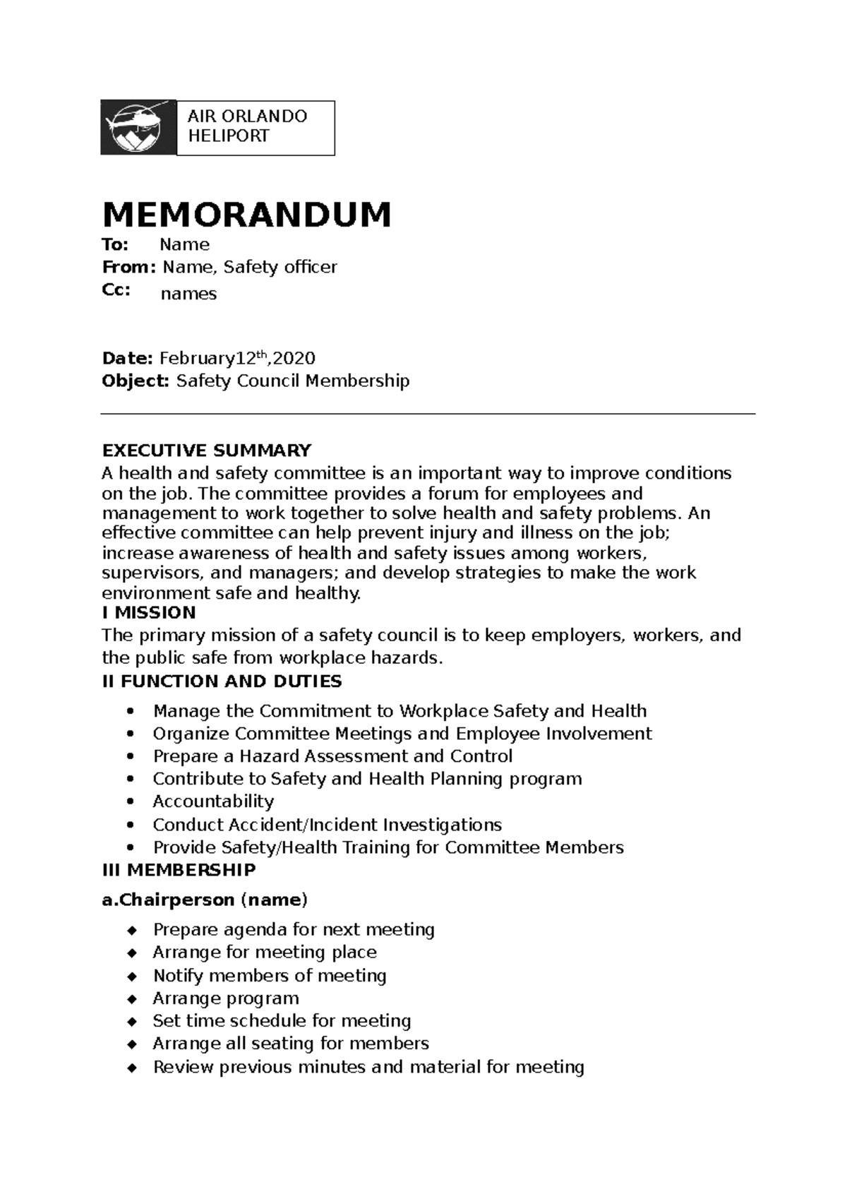 Memorandum - MEMORANDUM To: Name From: Name, Safety officer Cc: Date ...
