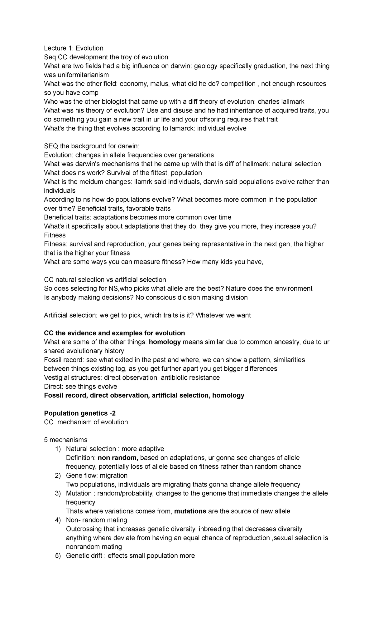 Final bio review - All you need to know - Lecture 1: Evolution Seq CC ...