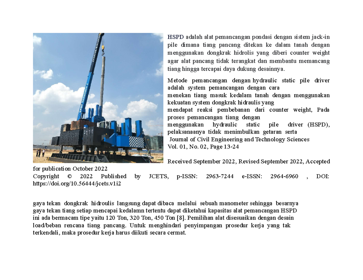 HSPD - Mengenai alat berat pancang - HSPD adalah alat pemancangan pondasi dengan sistem jack-in ...