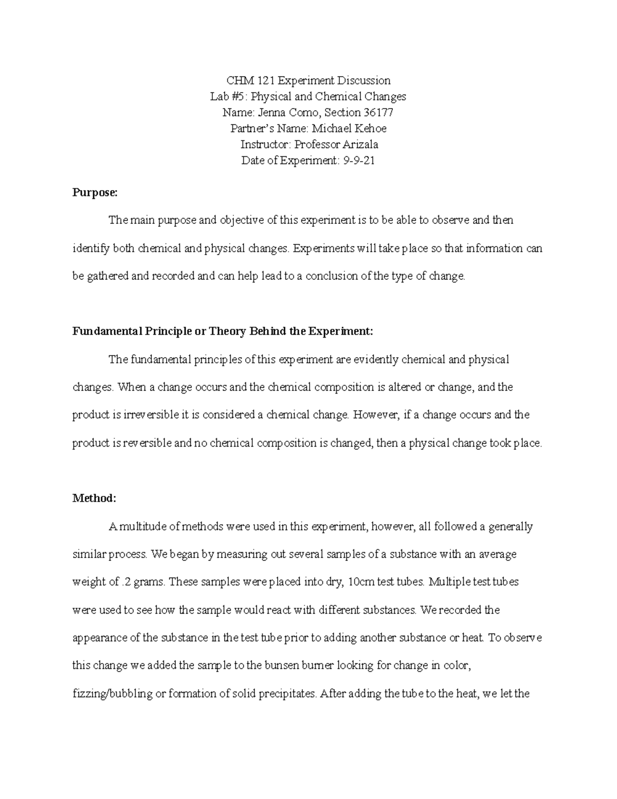 Chemical and Physical Changes Lab Write Up - CHM 121 Experiment ...