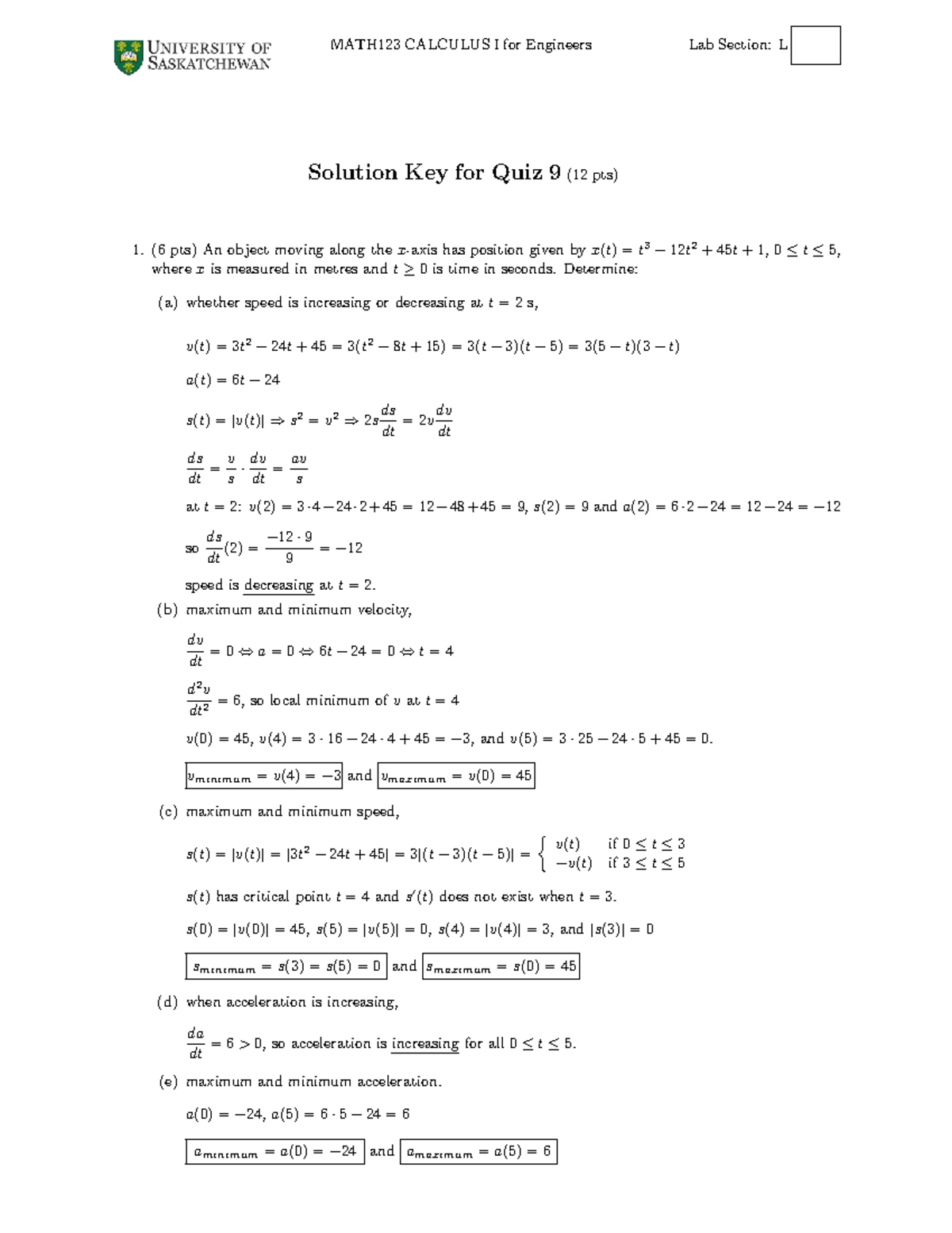 Seminar assignments - Quiz 9 solutions - MATH123 CALCULUS I for Engineers Lab Section: L ...