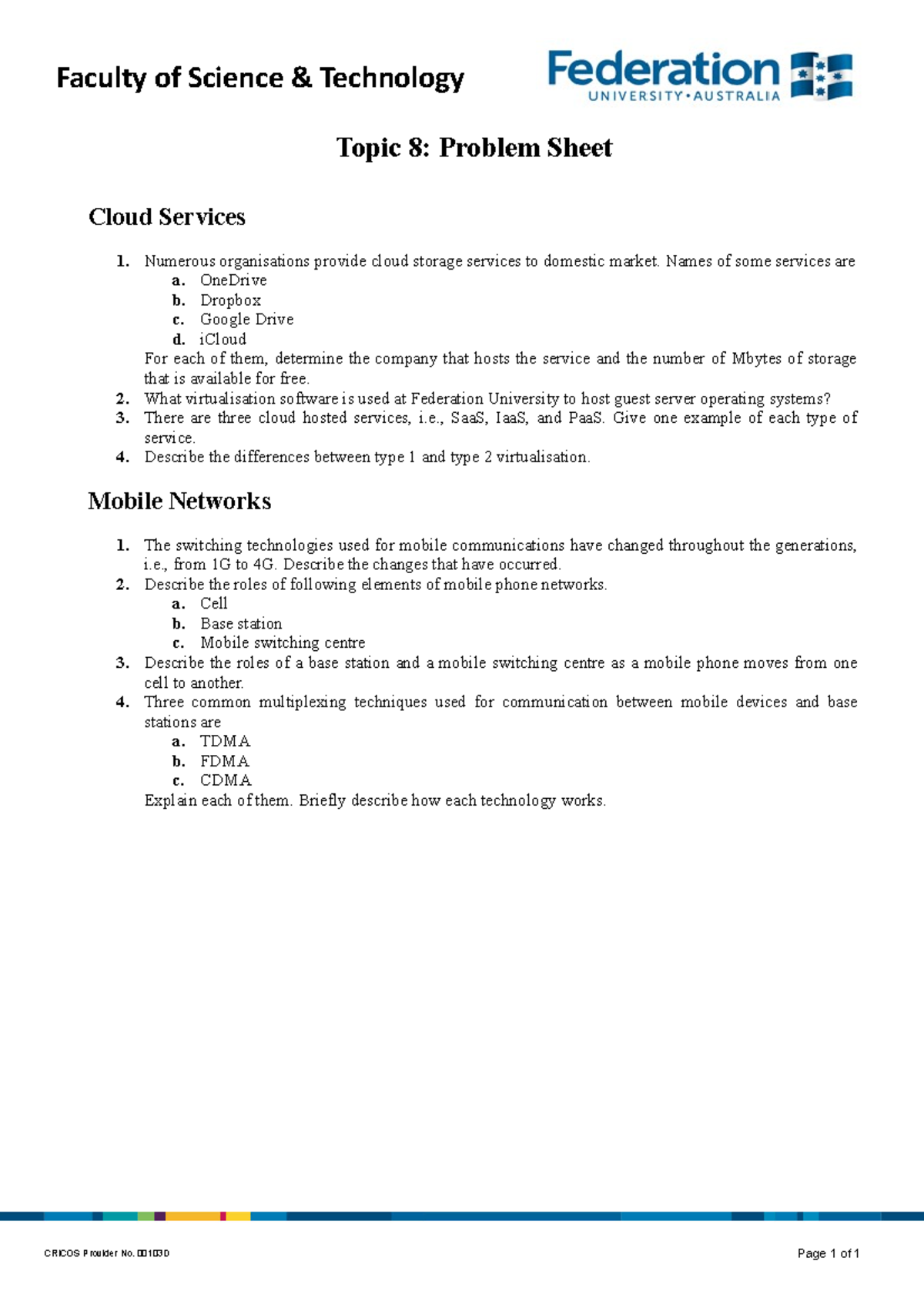 Topic 8 - Problem Sheet - Faculty of Science & Technology Topic 8 ...