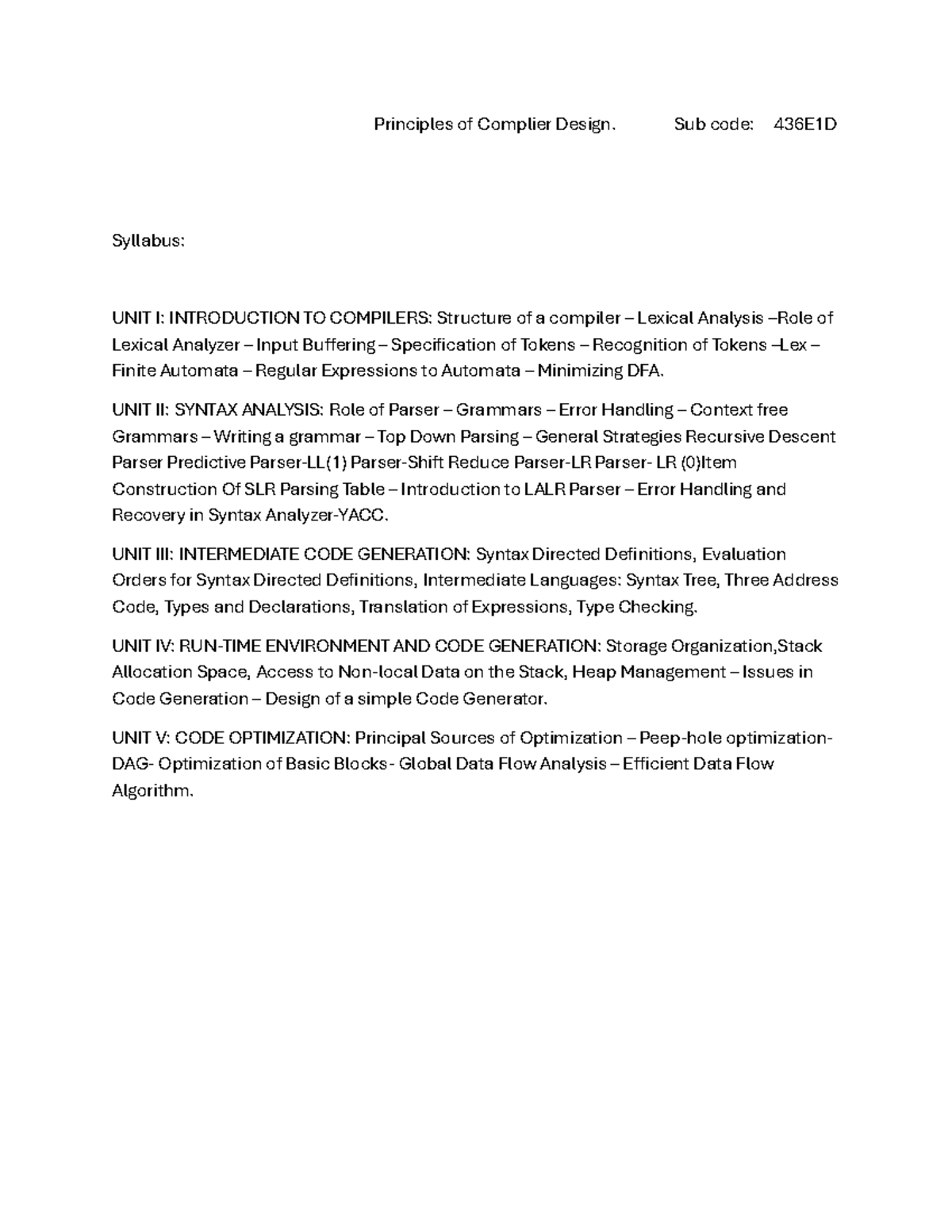 Cd Unit 1 Compiler Design Notes Principles Of Complier Design Sub